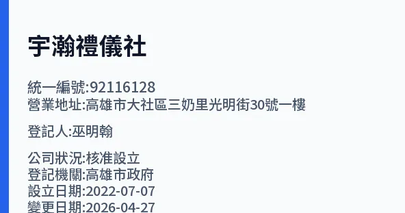 宇瀚禮儀社的照片-統編 92116128(高雄市) 公司登記資料與營業項目詳細圖表