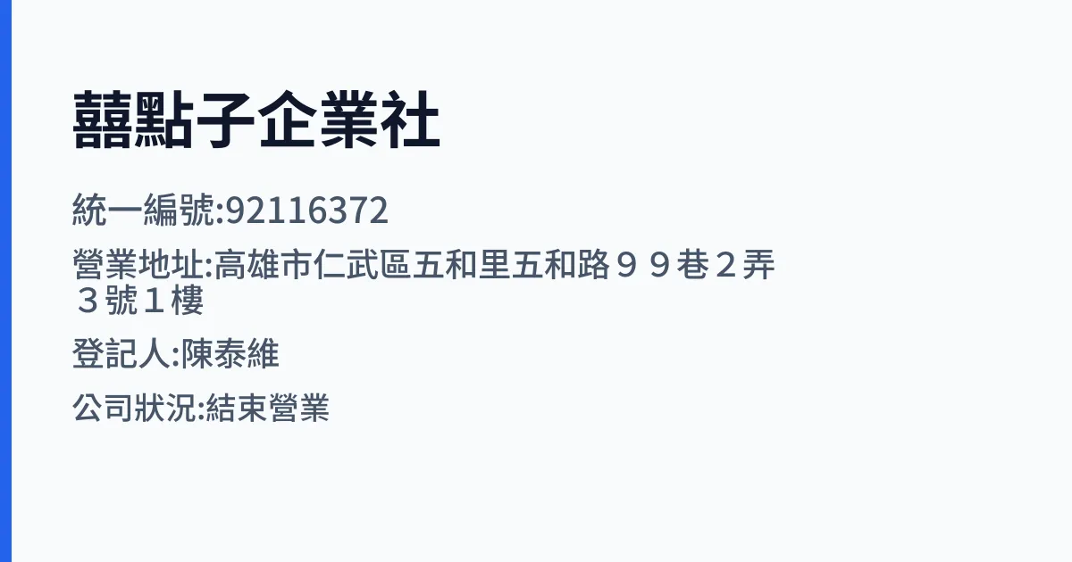 囍點子企業社 - 統編 92116372(高雄市) 公司登記資料與營業項目詳細圖表