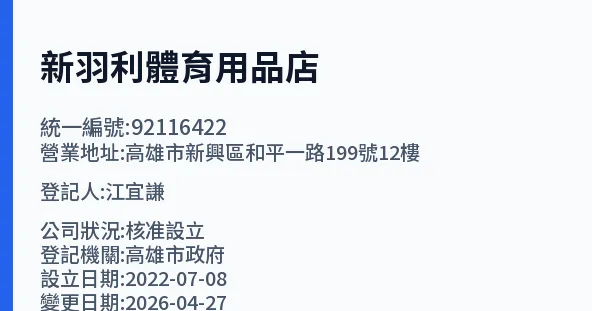 新羽利體育用品店的照片-統編 92116422(高雄市) 公司登記資料與營業項目詳細圖表
