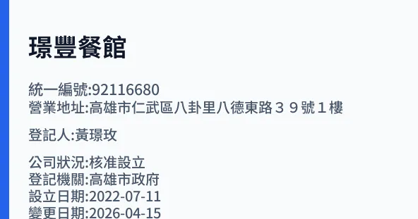 璟豐餐館的照片-統編 92116680(高雄市) 公司登記資料與營業項目詳細圖表