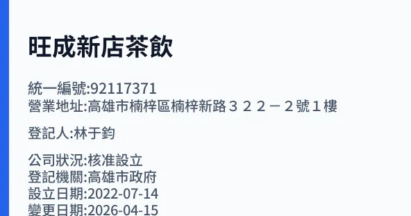 旺成新店茶飲的照片-統編 92117371(高雄市) 公司登記資料與營業項目詳細圖表