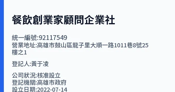 餐飲創業家顧問企業社的照片-統編 92117549(高雄市) 公司登記資料與營業項目詳細圖表