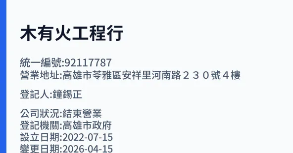 木有火工程行的照片-統編 92117787(高雄市) 公司登記資料與營業項目詳細圖表