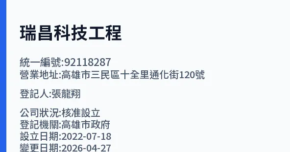 瑞昌科技工程的照片-統編 92118287(高雄市) 公司登記資料與營業項目詳細圖表