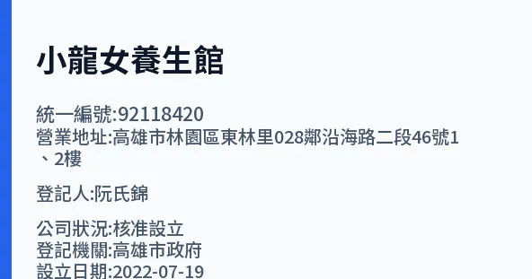 小龍女養生館的照片-統編 92118420(高雄市) 公司登記資料與營業項目詳細圖表