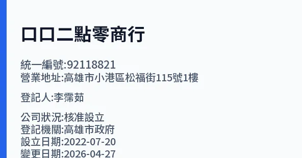 口口二點零商行的照片-統編 92118821(高雄市) 公司登記資料與營業項目詳細圖表