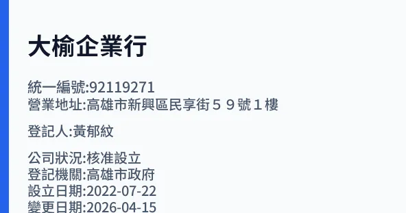 大榆企業行的照片-統編 92119271(高雄市) 公司登記資料與營業項目詳細圖表