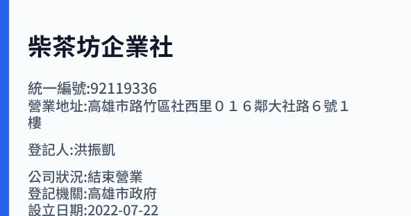 柴茶坊企業社的照片-統編 92119336(高雄市) 公司登記資料與營業項目詳細圖表