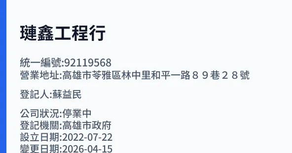 璉鑫工程行的照片-統編 92119568(高雄市) 公司登記資料與營業項目詳細圖表