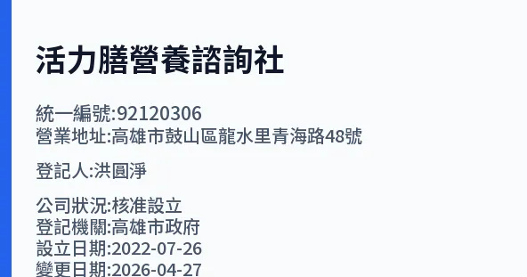 活力膳營養諮詢社的照片-統編 92120306(高雄市) 公司登記資料與營業項目詳細圖表