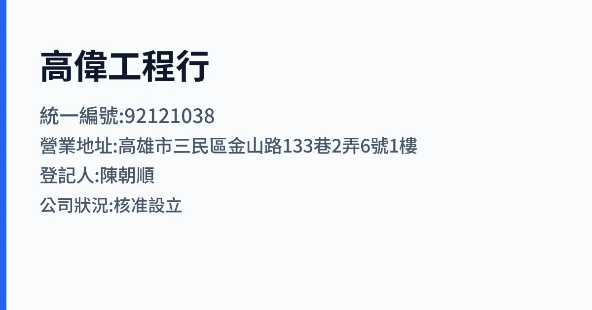 高偉工程行 - 統編 92121038(高雄市) 公司登記資料與營業項目詳細圖表