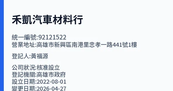 禾凱汽車材料行的照片-統編 92121522(高雄市) 公司登記資料與營業項目詳細圖表