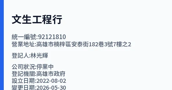 文生工程行的照片-統編 92121810(高雄市) 公司登記資料與營業項目詳細圖表