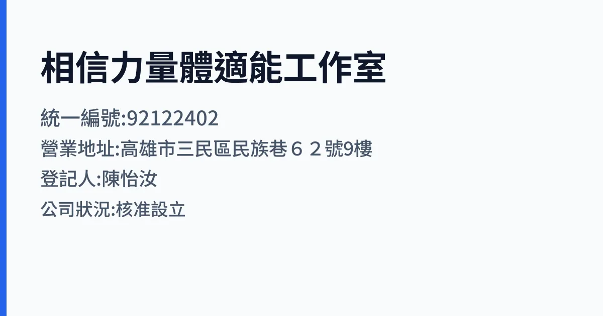 相信力量體適能工作室 - 統編 92122402(高雄市) 公司登記資料與營業項目詳細圖表