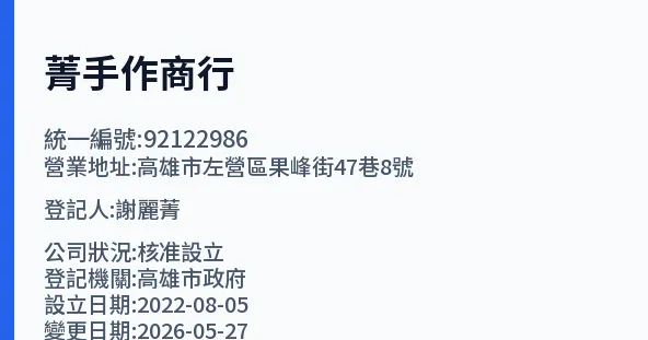 菁手作商行的照片-統編 92122986(高雄市) 公司登記資料與營業項目詳細圖表