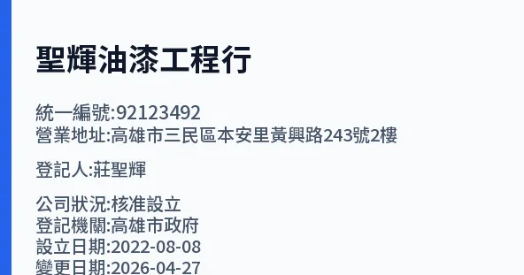 聖輝油漆工程行的照片-統編 92123492(高雄市) 公司登記資料與營業項目詳細圖表