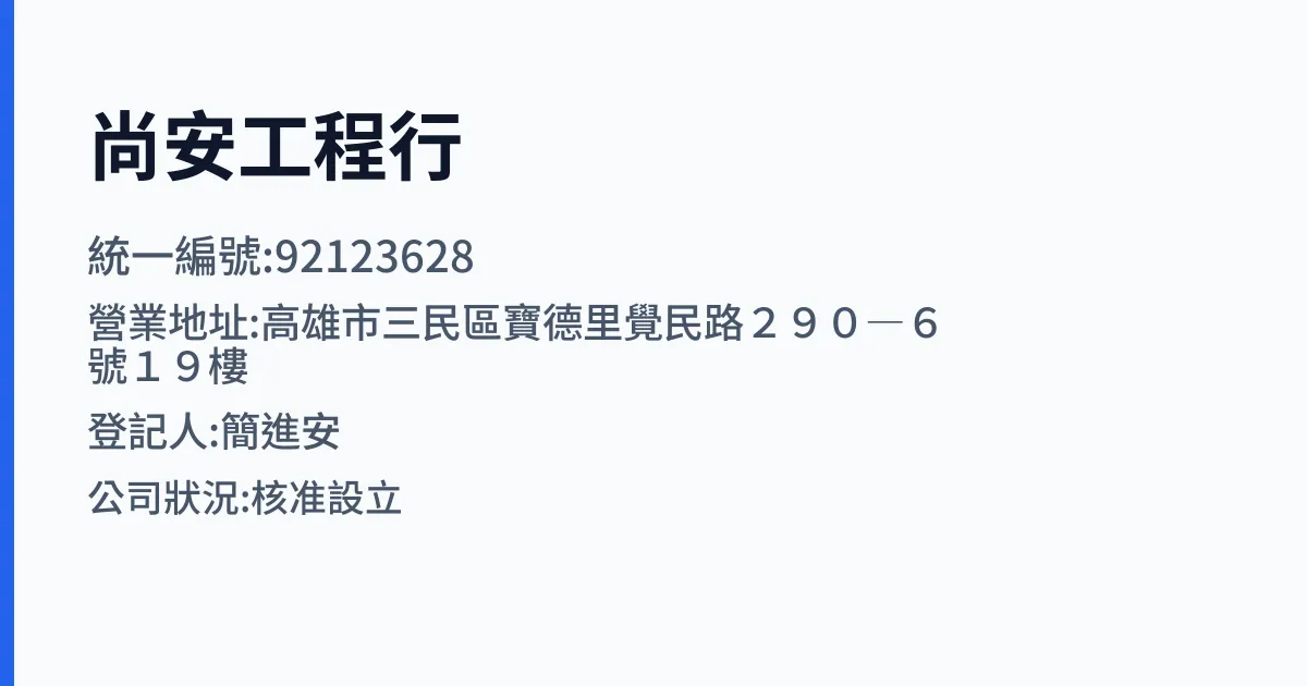 尚安工程行 - 統編 92123628(高雄市) 公司登記資料與營業項目詳細圖表