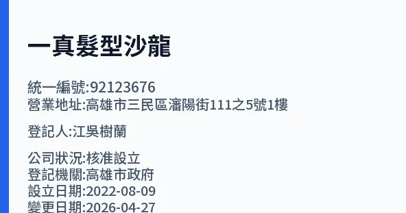 一真髮型沙龍的照片-統編 92123676(高雄市) 公司登記資料與營業項目詳細圖表