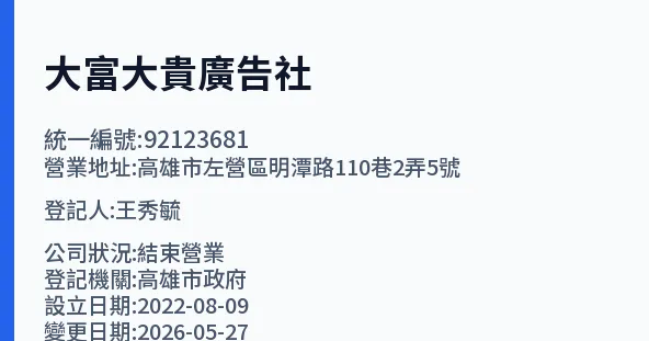 大富大貴廣告社的照片-統編 92123681(高雄市) 公司登記資料與營業項目詳細圖表