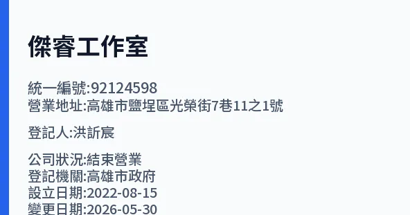 傑睿工作室的照片-統編 92124598(高雄市) 公司登記資料與營業項目詳細圖表