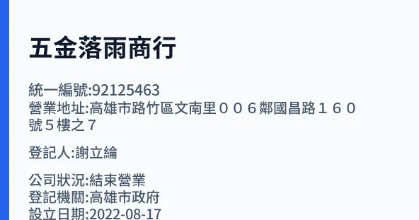 五金落雨商行的照片-統編 92125463(高雄市) 公司登記資料與營業項目詳細圖表