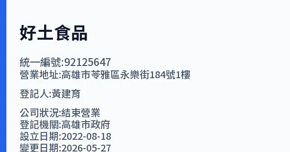 好土食品的照片-統編 92125647(高雄市) 公司登記資料與營業項目詳細圖表
