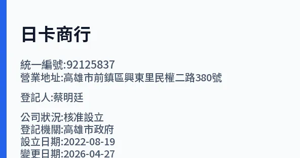 日卡商行的照片-統編 92125837(高雄市) 公司登記資料與營業項目詳細圖表