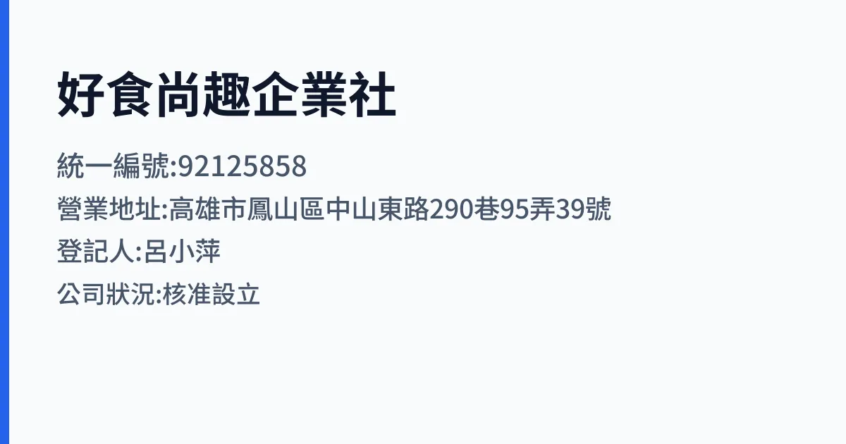 好食尚趣企業社 - 統編 92125858(高雄市) 公司登記資料與營業項目詳細圖表