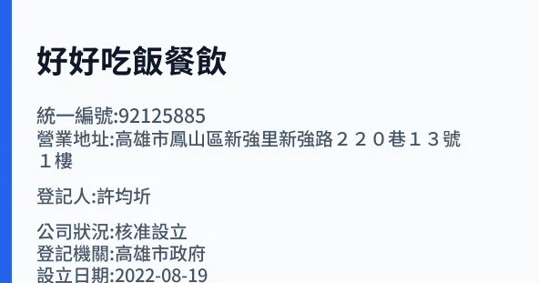 好好吃飯餐飲的照片-統編 92125885(高雄市) 公司登記資料與營業項目詳細圖表