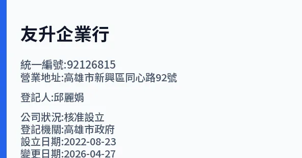 友升企業行的照片-統編 92126815(高雄市) 公司登記資料與營業項目詳細圖表