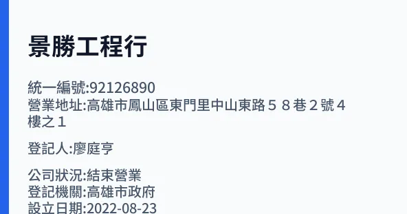 景勝工程行的照片-統編 92126890(高雄市) 公司登記資料與營業項目詳細圖表