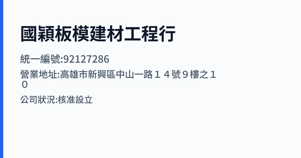 國穎板模建材工程行 - 統編 92127286(高雄市) 公司登記資料與營業項目詳細圖表