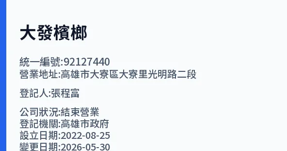大發檳榔的照片-統編 92127440(高雄市) 公司登記資料與營業項目詳細圖表