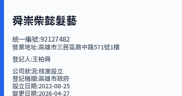 舜崇柴懿髮藝的照片-統編 92127482(高雄市) 公司登記資料與營業項目詳細圖表