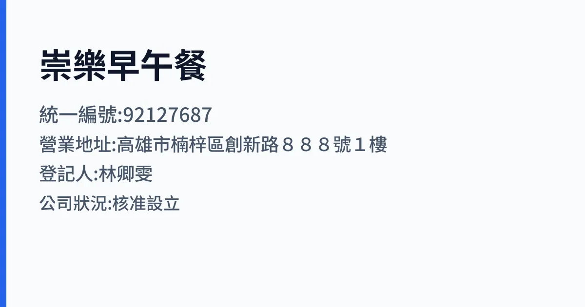 崇樂早午餐 - 統編 92127687(高雄市) 公司登記資料與營業項目詳細圖表