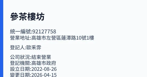參茶樓坊的照片-統編 92127758(高雄市) 公司登記資料與營業項目詳細圖表