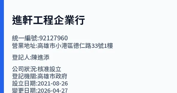 進軒工程企業行的照片-統編 92127960(高雄市) 公司登記資料與營業項目詳細圖表