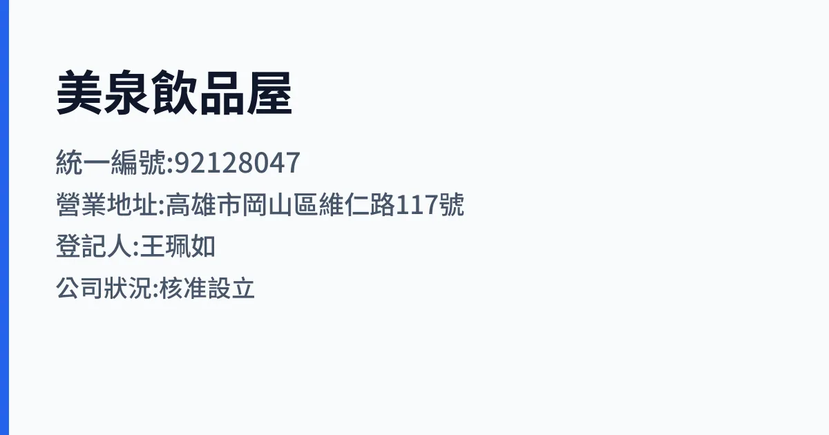美泉飲品屋 - 統編 92128047(高雄市) 公司登記資料與營業項目詳細圖表