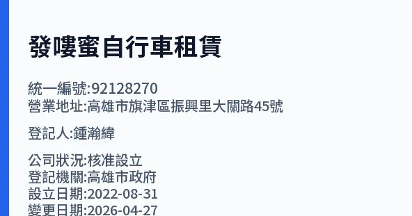 發嘍蜜自行車租賃的照片-統編 92128270(高雄市) 公司登記資料與營業項目詳細圖表