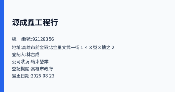 源成鑫工程行的照片-統編 92128356(高雄市) 公司登記資料與營業項目詳細圖表