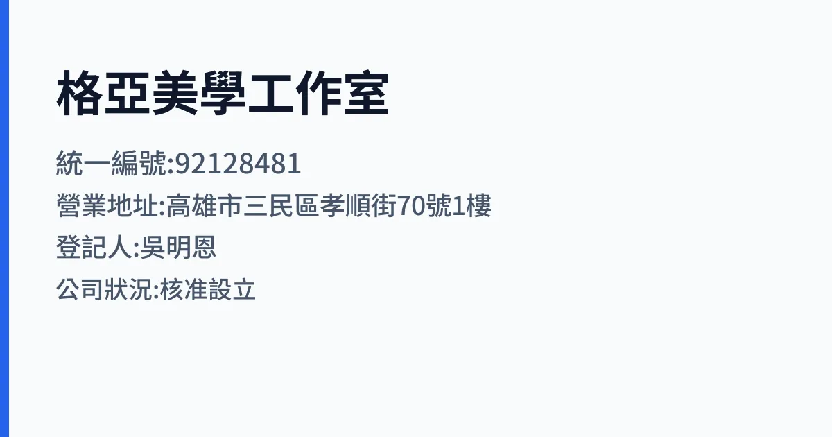 格亞美學工作室 - 統編 92128481（高雄市） 公司登記資料與營業項目詳細圖表