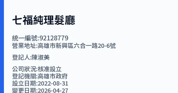 七福純理髮廳的照片-統編 92128779(高雄市) 公司登記資料與營業項目詳細圖表
