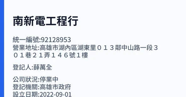 南新電工程行的照片-統編 92128953(高雄市) 公司登記資料與營業項目詳細圖表