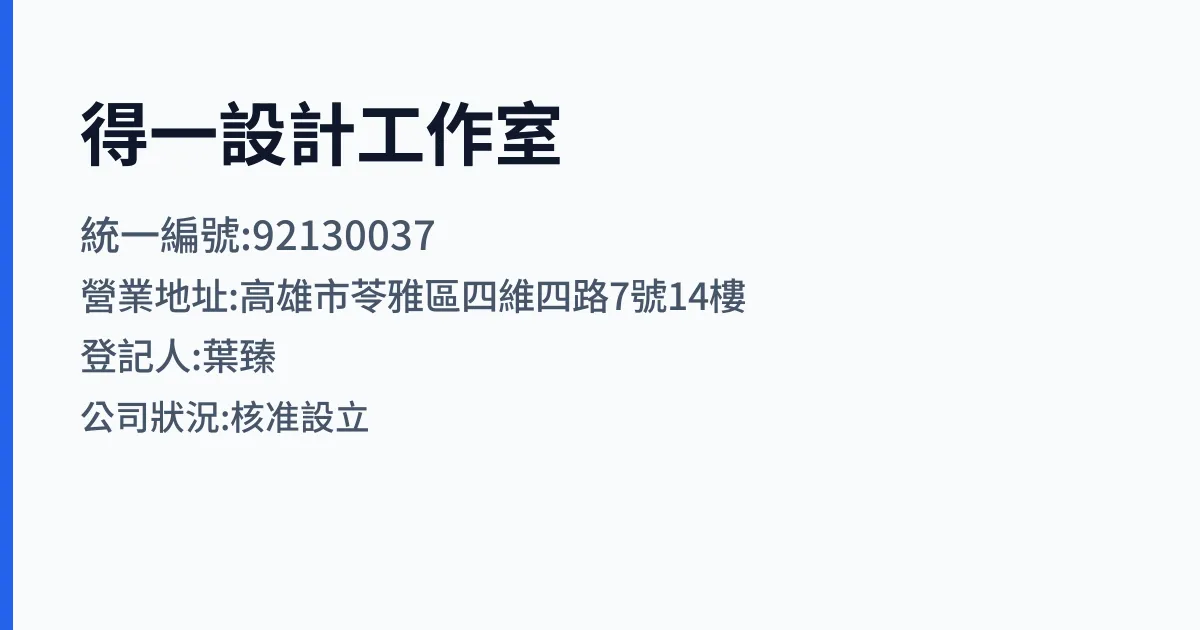 得一設計工作室 - 統編 92130037(高雄市) 公司登記資料與營業項目詳細圖表