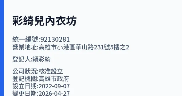彩綺兒內衣坊的照片-統編 92130281(高雄市) 公司登記資料與營業項目詳細圖表