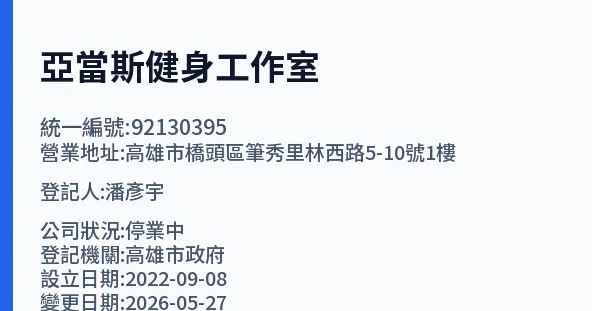 亞當斯健身工作室的照片-統編 92130395(高雄市) 公司登記資料與營業項目詳細圖表