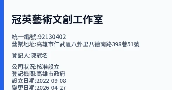 冠英藝術文創工作室的照片-統編 92130402(高雄市) 公司登記資料與營業項目詳細圖表