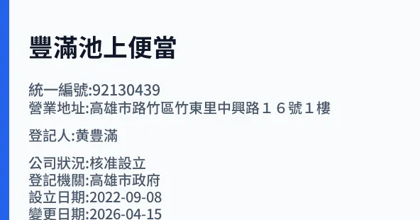 豐滿池上便當的照片-統編 92130439(高雄市) 公司登記資料與營業項目詳細圖表