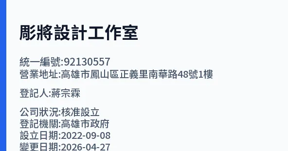 彫將設計工作室的照片-統編 92130557(高雄市) 公司登記資料與營業項目詳細圖表