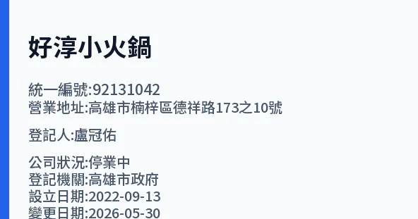 好淳小火鍋的照片-統編 92131042(高雄市) 公司登記資料與營業項目詳細圖表